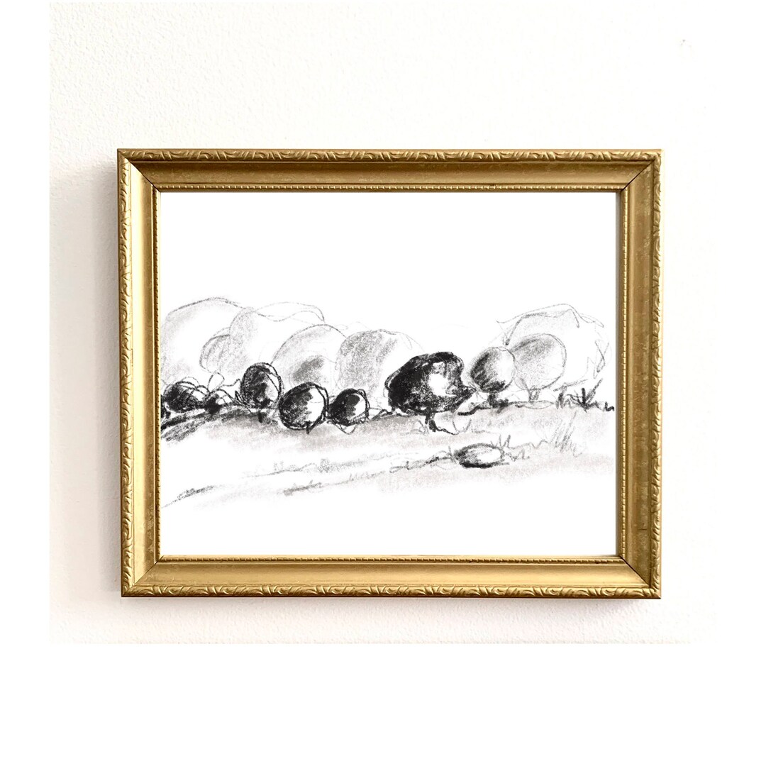 Subtle Soft Landscape Pencil Sketch of Trees in a Field for Neutral ...
