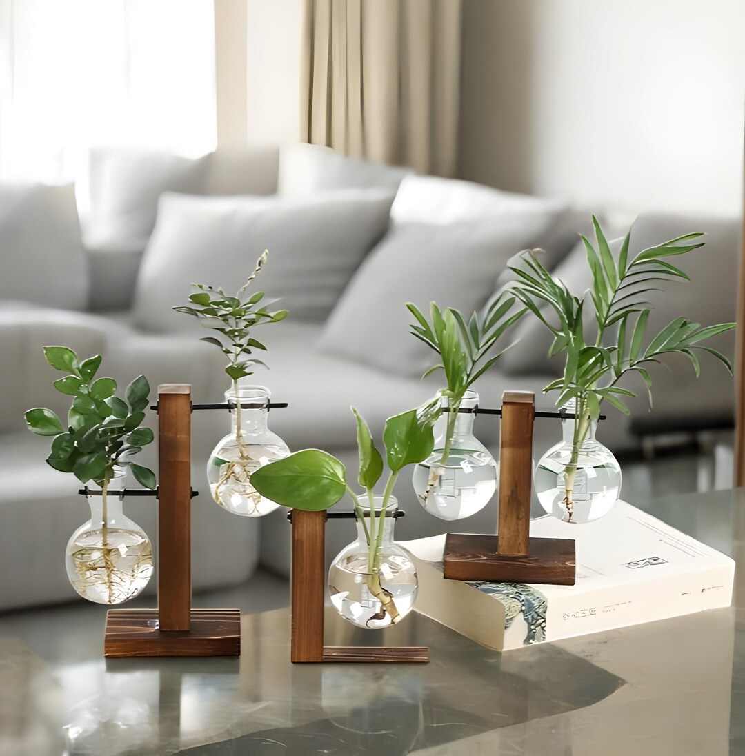 Clear Glass Bulb Vase With Wooden Frame, Unique Beaker Glass Vase, Home ...