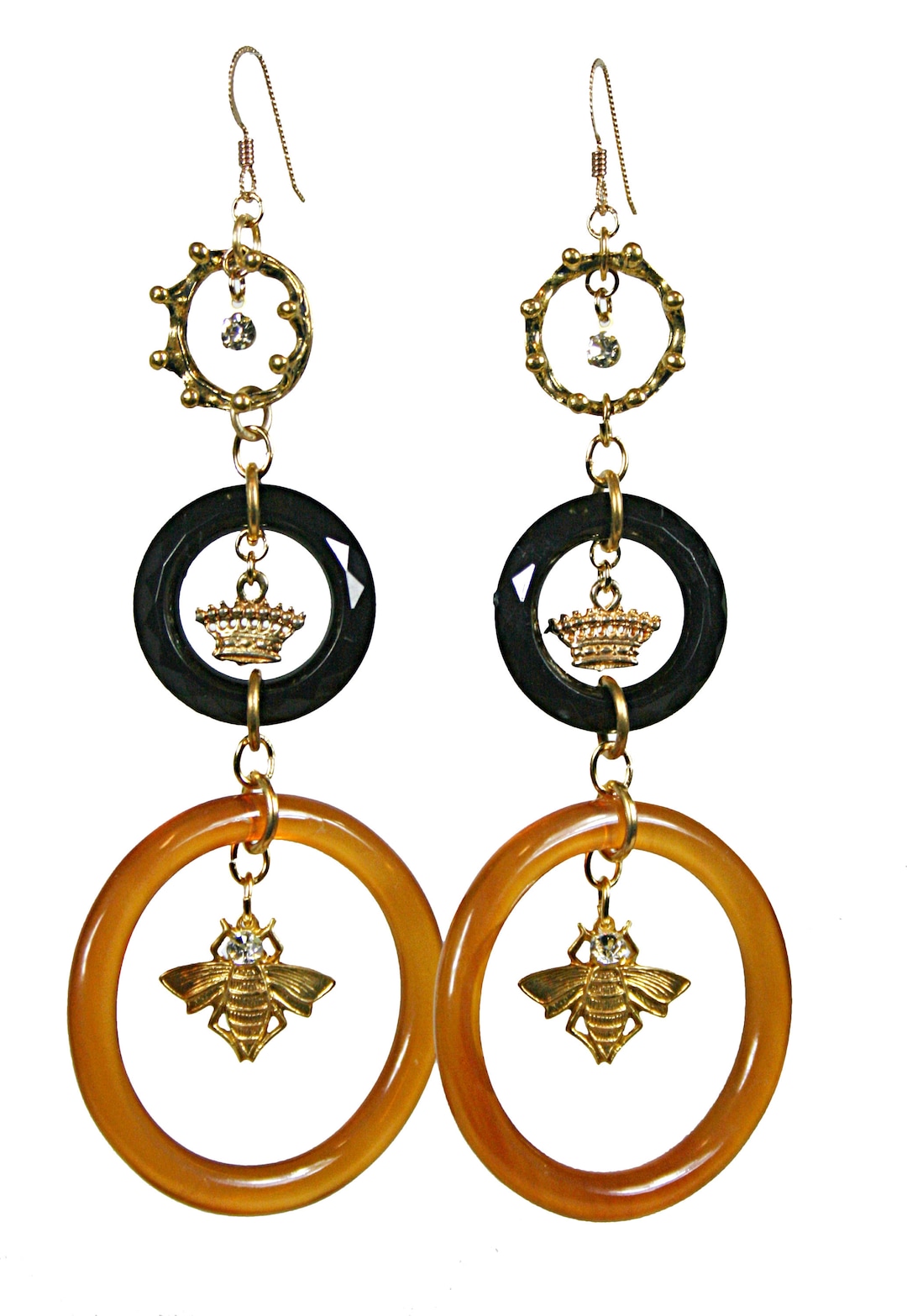 French Napoleonic Bee Crown Vintage Resin Horn Tortoise Hoop Earrings ...