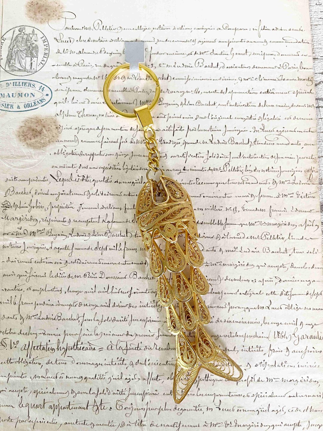 Vintage Articulated Filigree Fish Keychain: Gold Tone Rhinestone Accent ...
