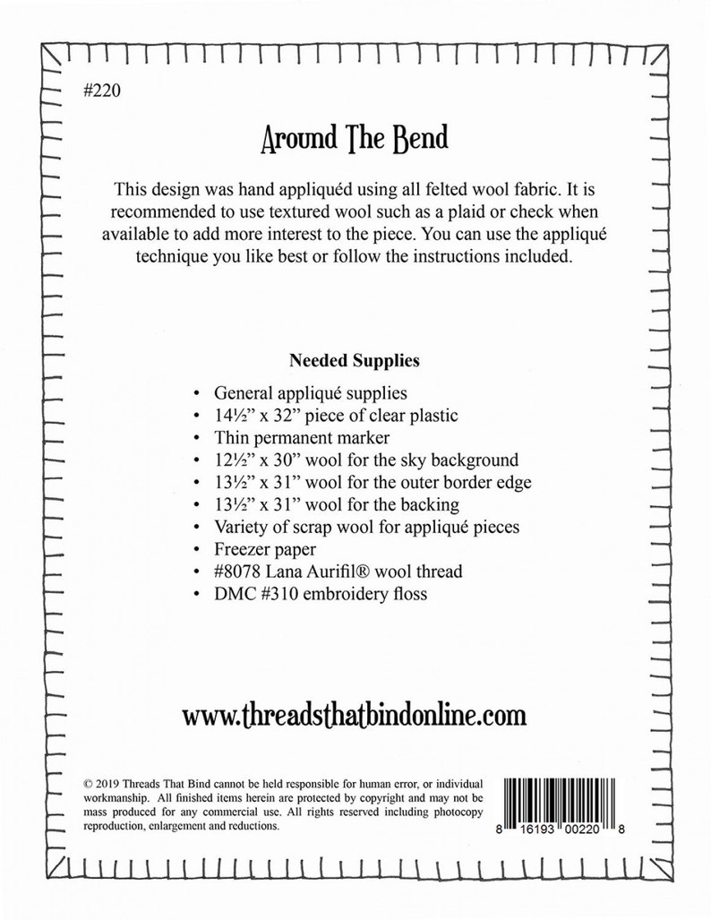 Around the Bend #220 Wool Threads That Bind Applique Pattern Country ...