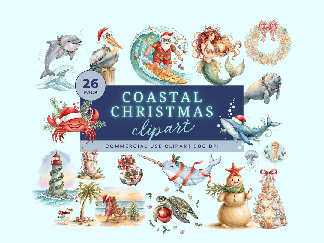 Coastal Christmas Clipart PNG, Surfing Santa, Beach Holiday Art ...