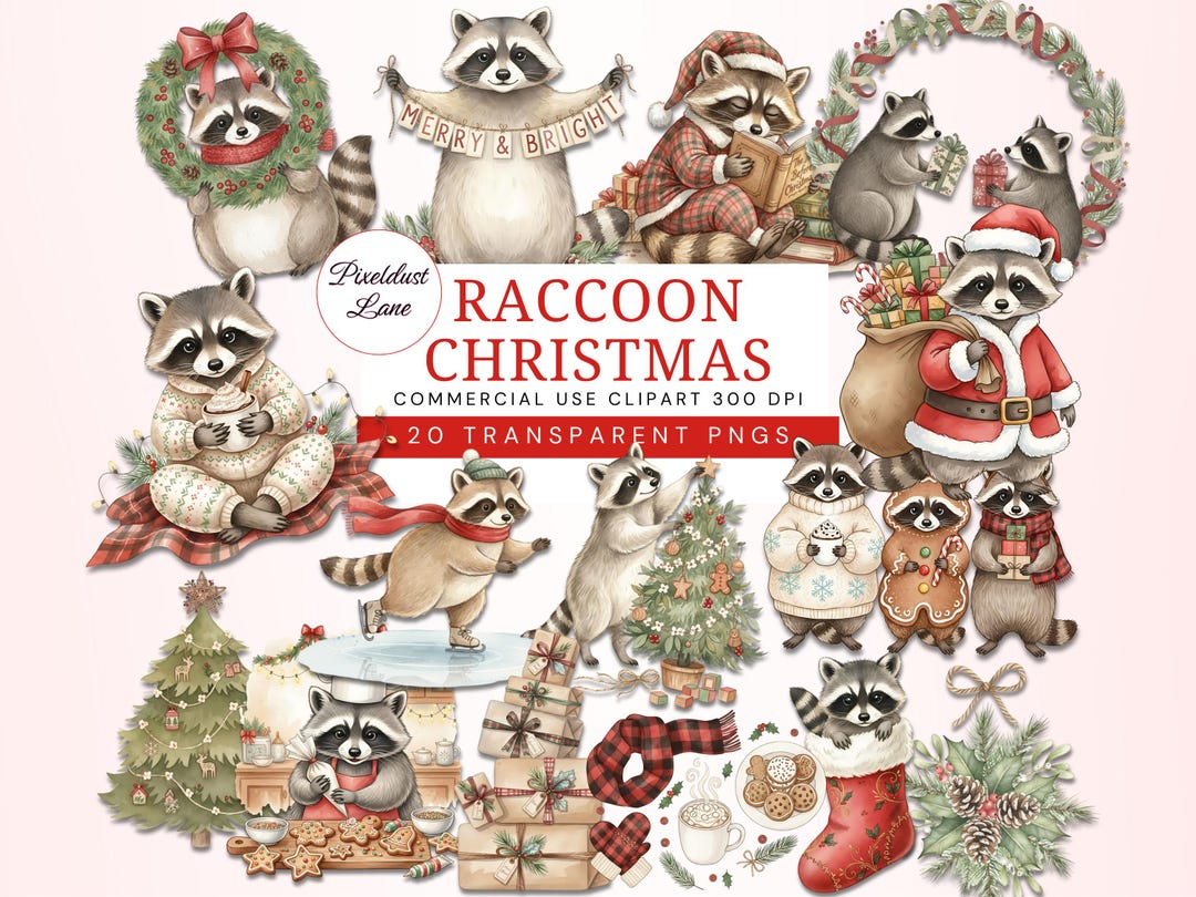 Cute Christmas Raccoons Design Clip Art Set PNG Bundle, Cute Holiday ...