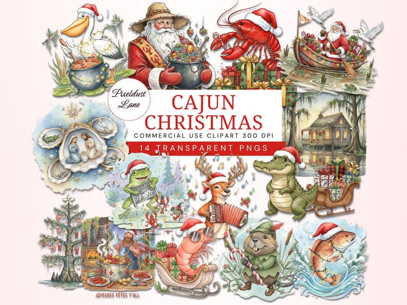 Cajun Christmas Clipart, Watercolor Cajun Santa and Alligator Clip Art ...