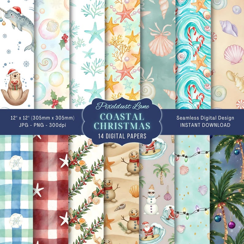 Coastal Christmas Digital Paper, Tropical Beach Holiday Background ...