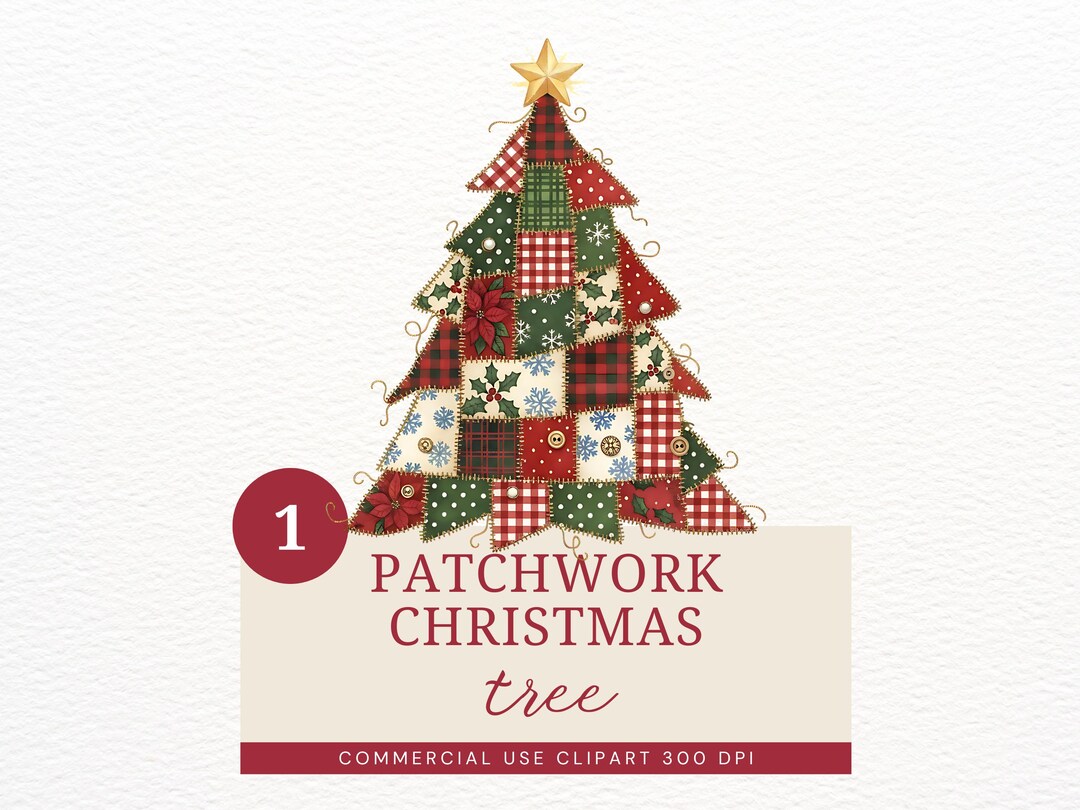 Patchwork Christmas Tree Clipart, Quilted Fabric Tree With Stitched ...