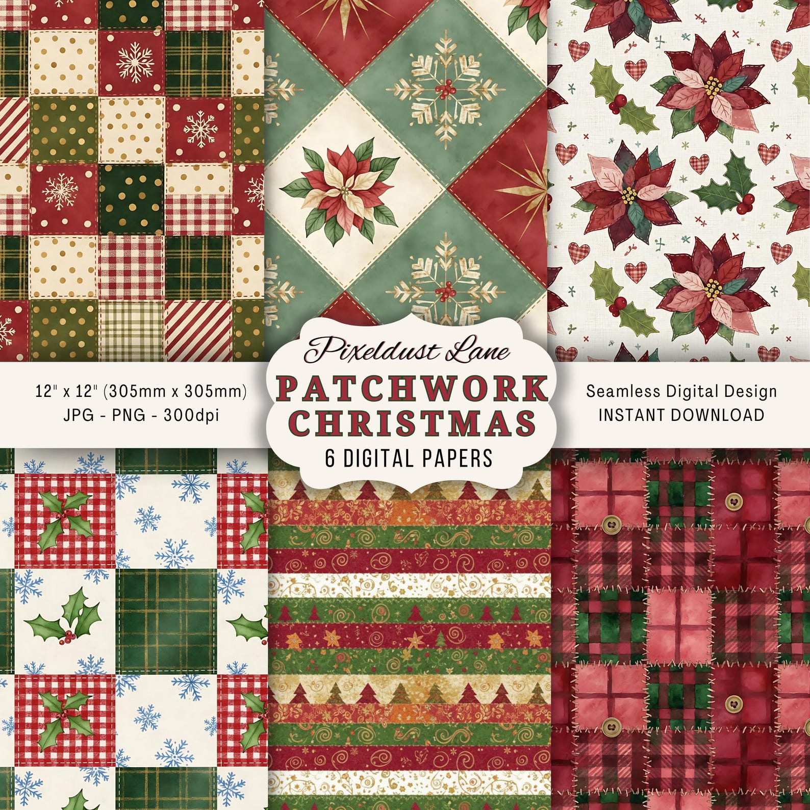 Patchwork Christmas Seamless Digital Paper Set, Cozy Quilted Fabric ...