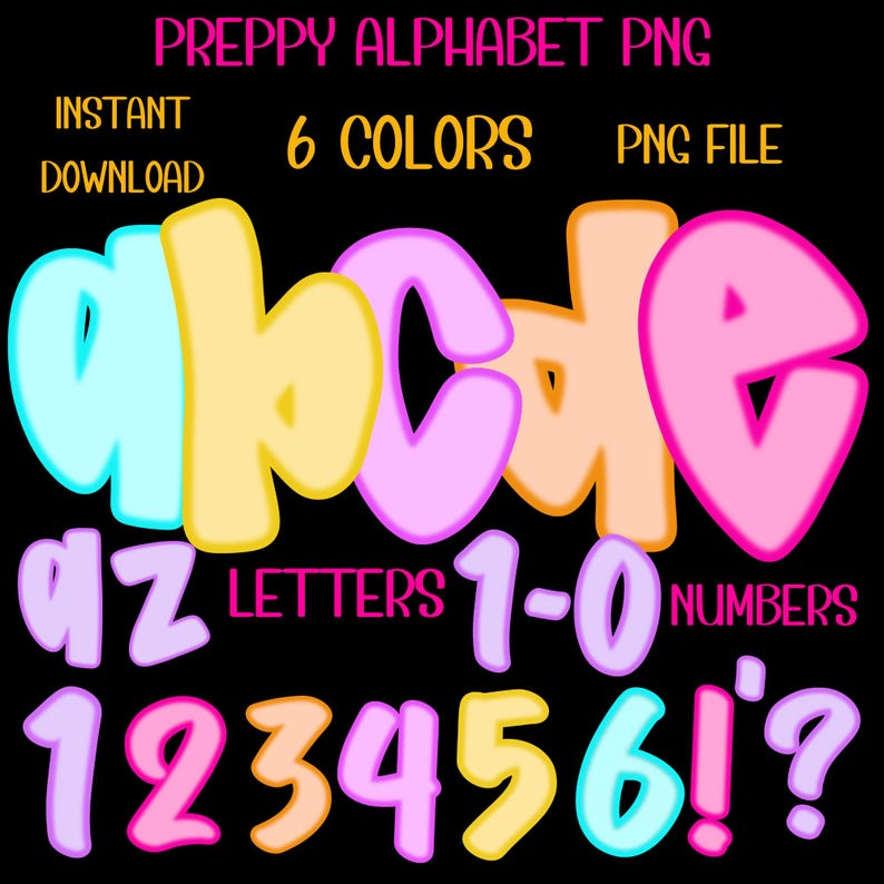 Doodle Alphabet Clipart: Preppy Letters & Numbers PNG Pack (digital ...