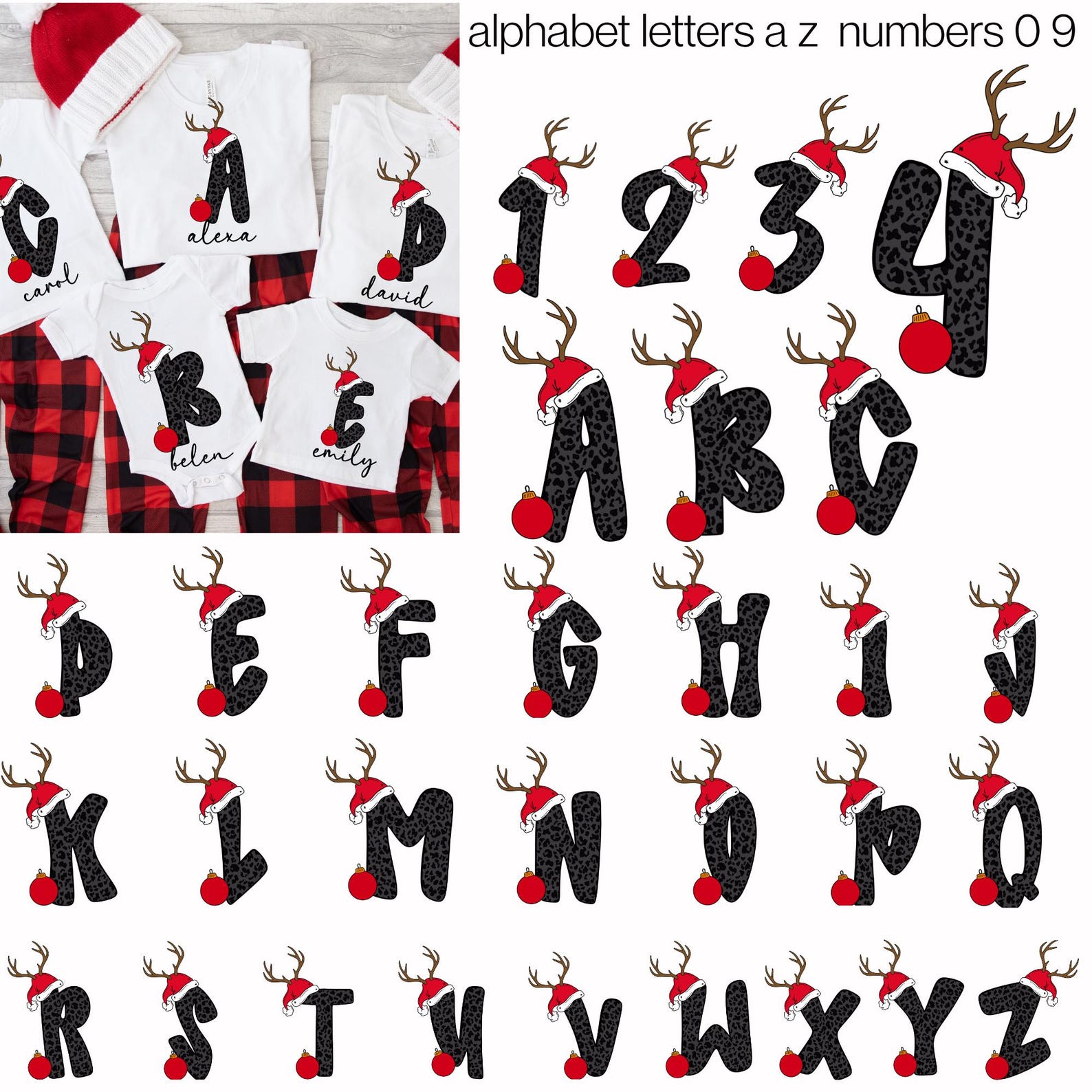 Christmas Alphabet PNG | Santa Hat Reindeer Letters, Numbers (digital ...