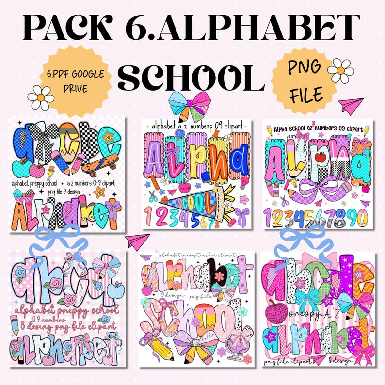 Coquette Preppy Floral Alphabet PNG, Back to School Retro Doodle Font ...