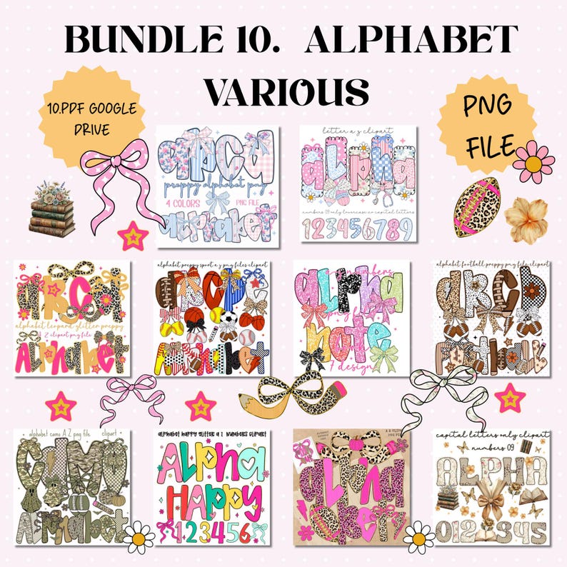 Sports Alphabet PNG Bundle A-Z, Retro Preppy Floral Letters (digital ...