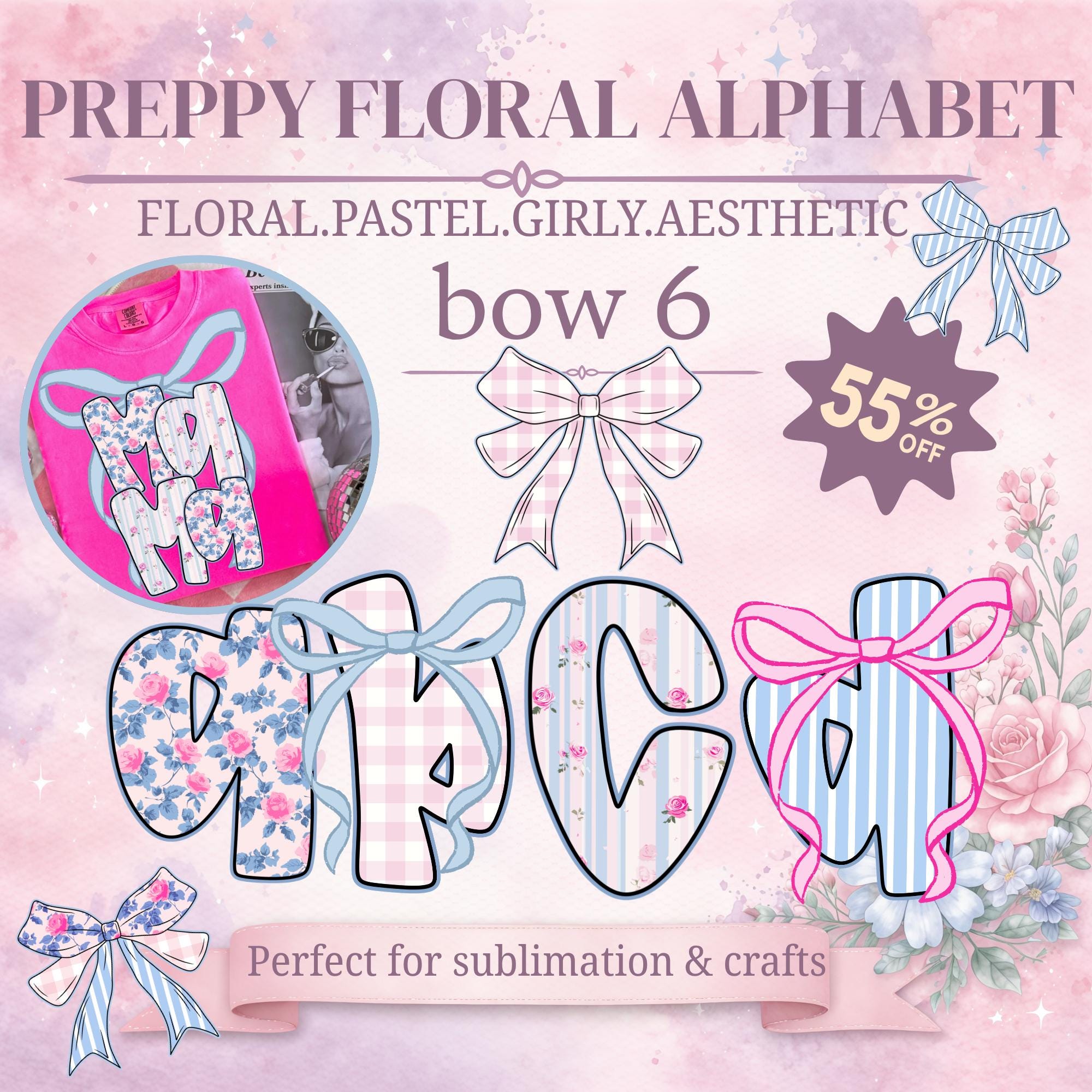 Preppy Floral Alphabet PNG, Coquette Bow Letters, Grandmillennial ABC ...