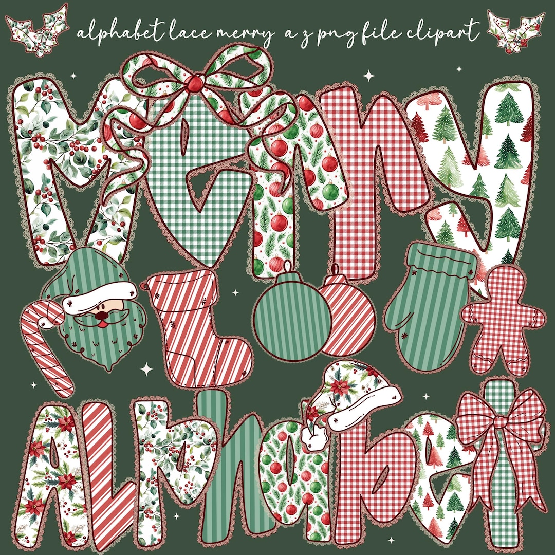 Christmas Doodle Alphabet PNG: Red, Green, Gingham (digital Download ...