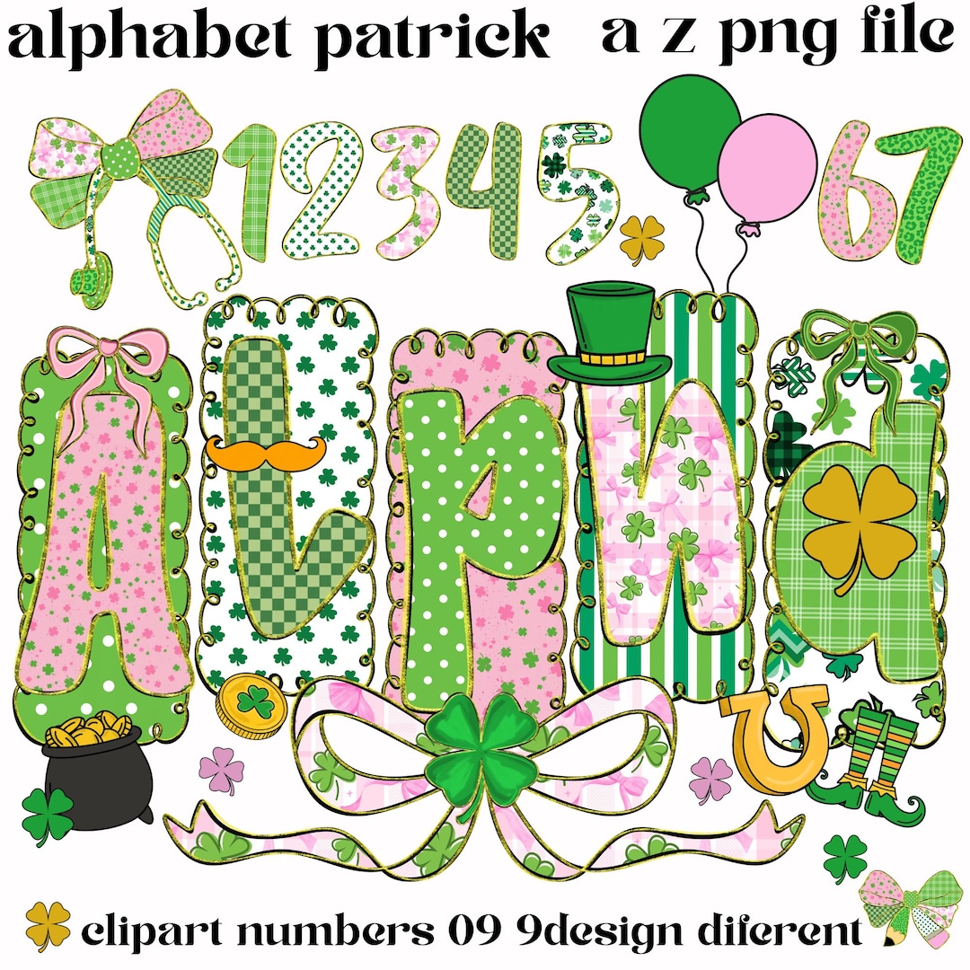 St. Patrick's Day Alphabet Clipart | Green & Pink Bow PNG (digital ...