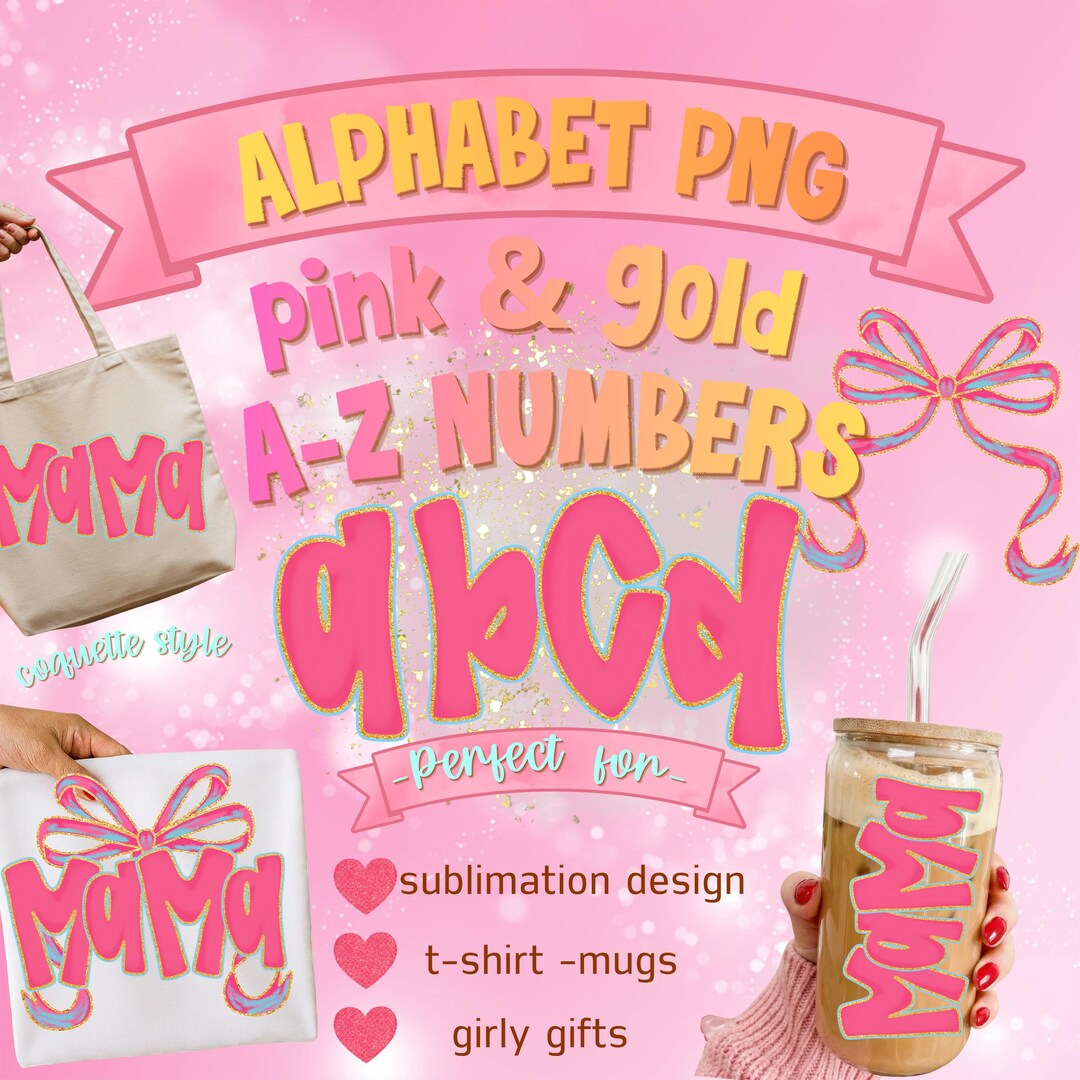 Pink Gold Alphabet PNG Bundle, Coquette Bow Letters, Preppy Girly ...