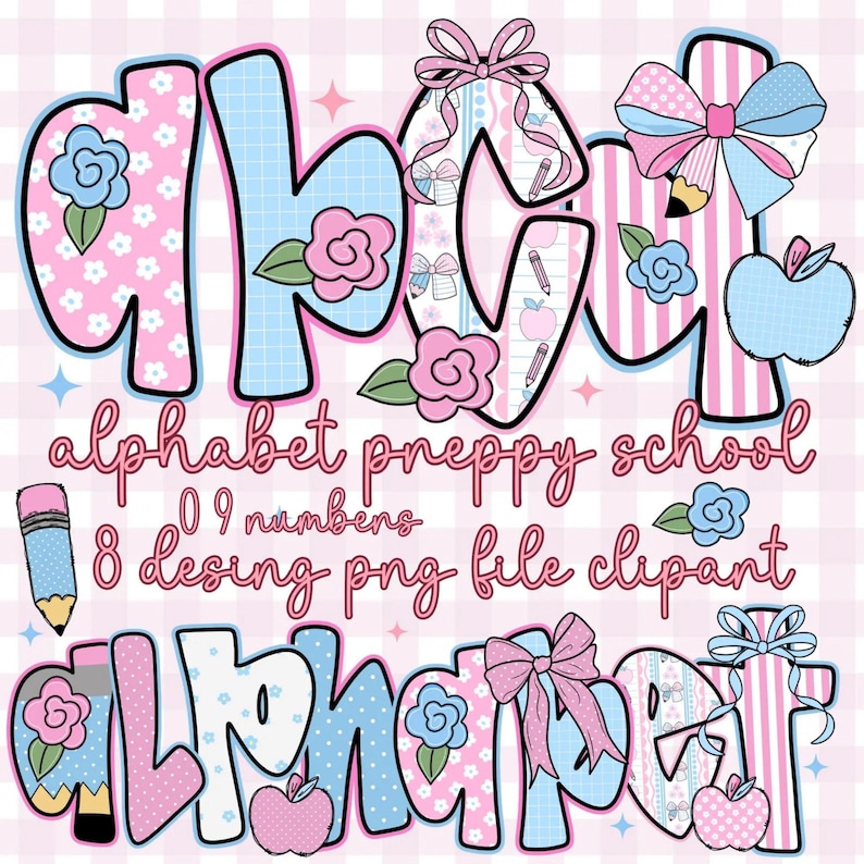 Coquette Preppy Floral Alphabet PNG, Back to School Retro Doodle Font ...