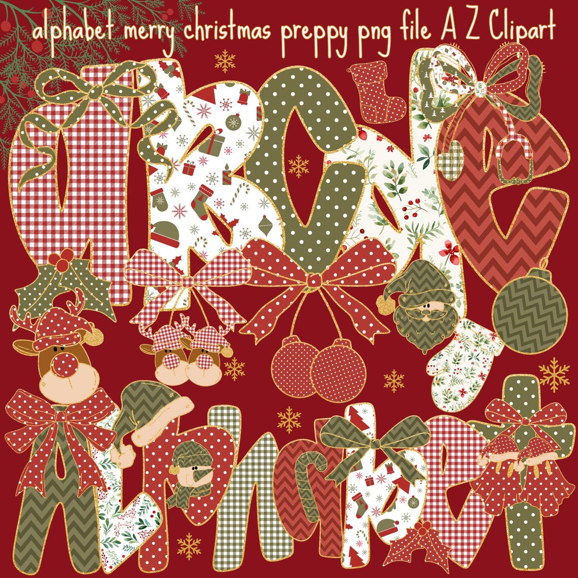 Christmas Alphabet PNG: Preppy Green & Red Holly Letters (digital ...