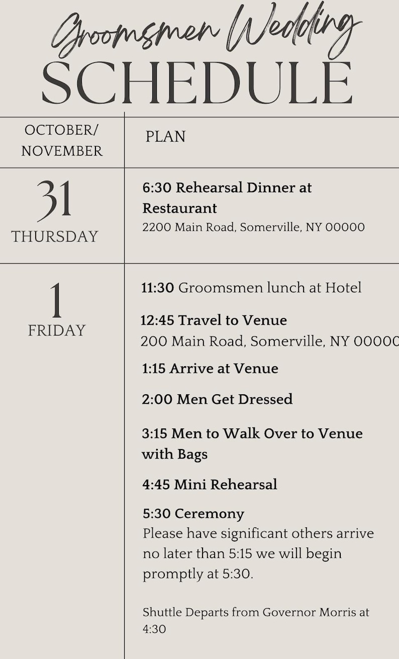Bridal Party Wedding Schedule Template - Etsy