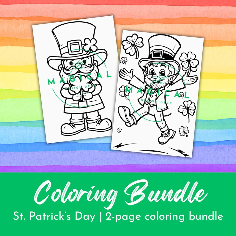 St. Patrick's Day Coloring Pages: Leprechaun & Rainbow (printable PDF ...