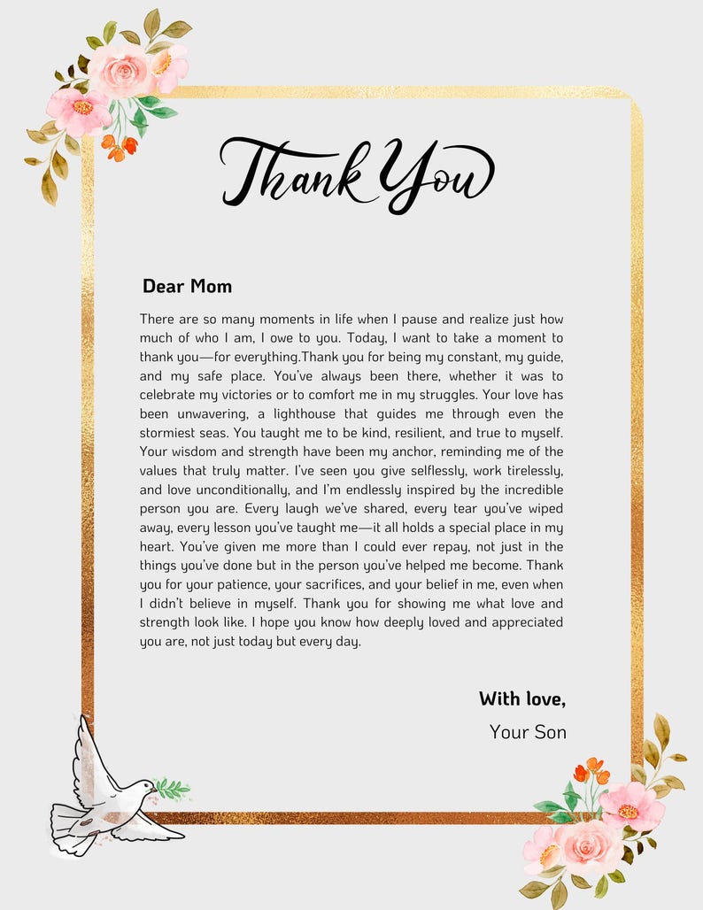 Heartfelt Mom Thank You Letter From Son – Printable Appreciation Gift ...