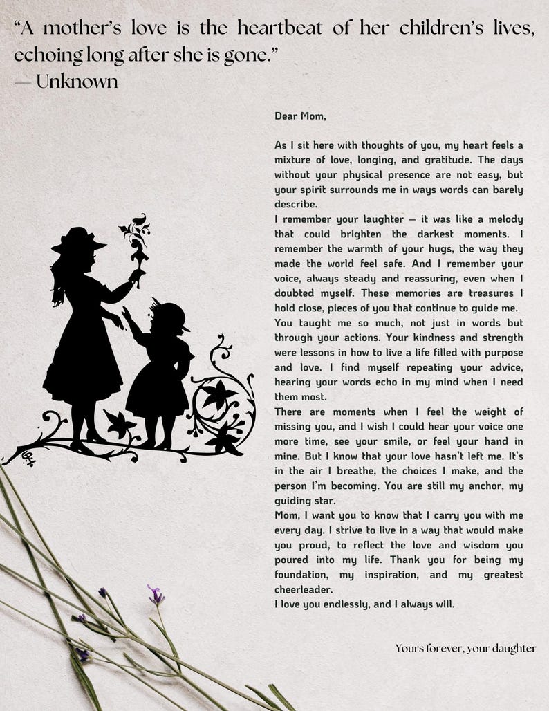 In Loving Memory of Mom - Emotional Letter Keepsake for a Daughter - Etsy