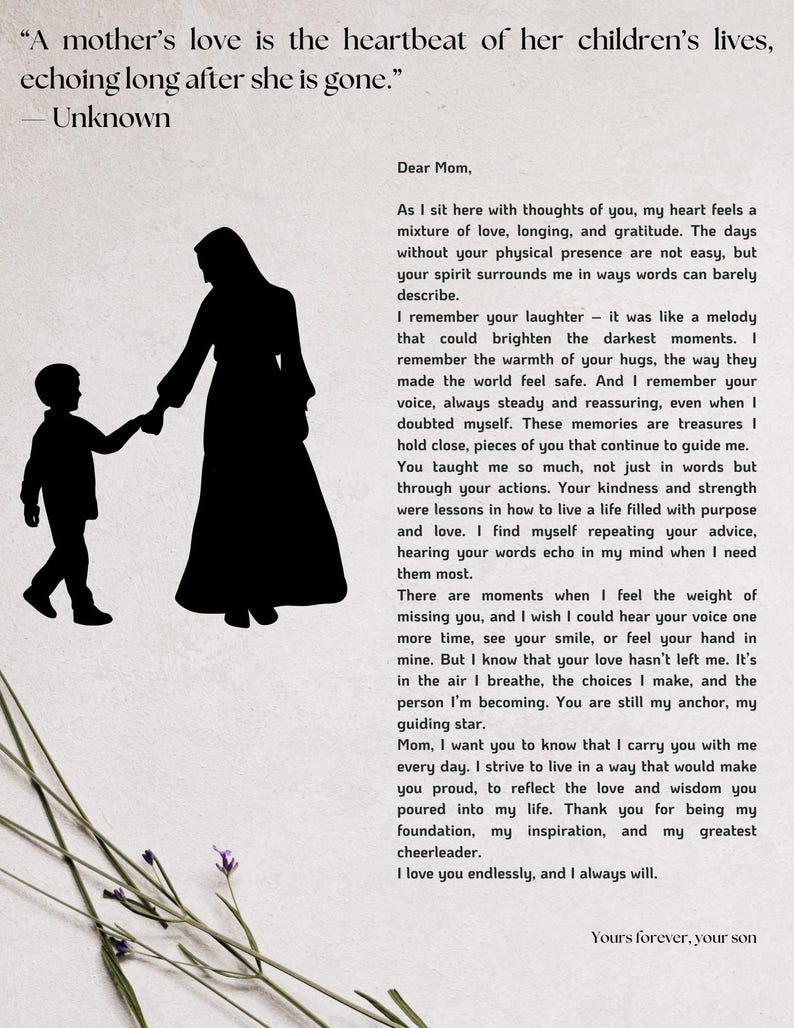 In Loving Memory of Mom - Emotional Letter Keepsake From a Son - Etsy