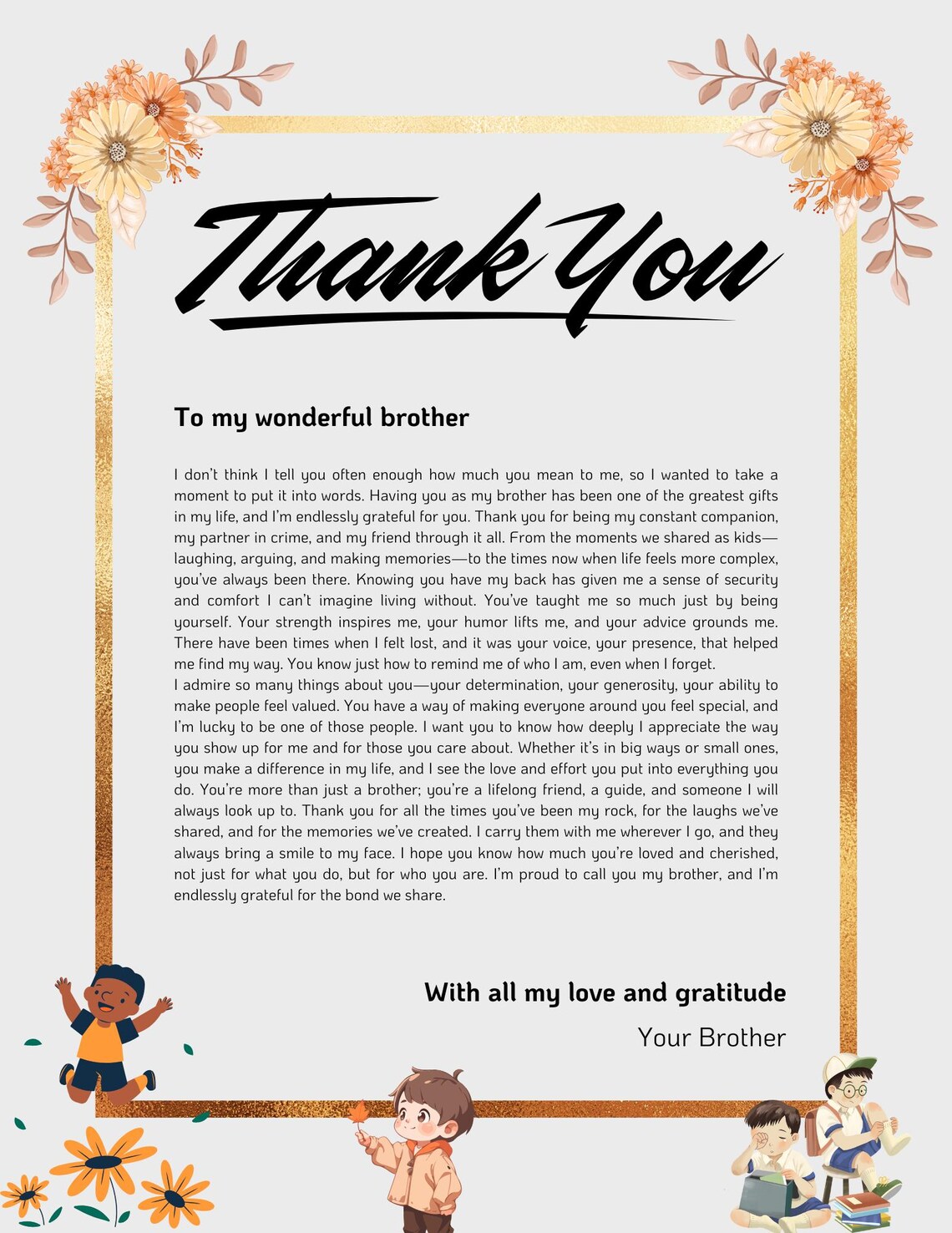 Heartfelt Thank-you Letter for Your Brother From a Caring Brother ...