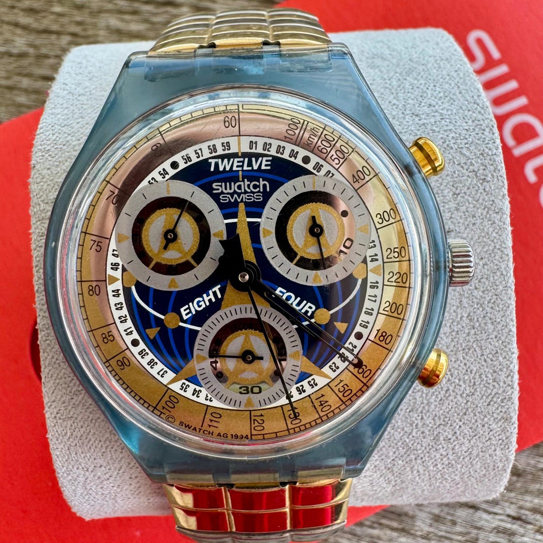 Extravagant Golden Swatch Chrono Watch SCN114 Flexible Metal Strap, New ...
