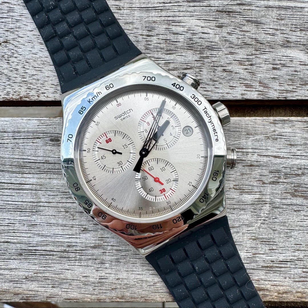 Swatch Irony New Chrono Mens Watch Silverish 43mm YVS405 Perfect ...