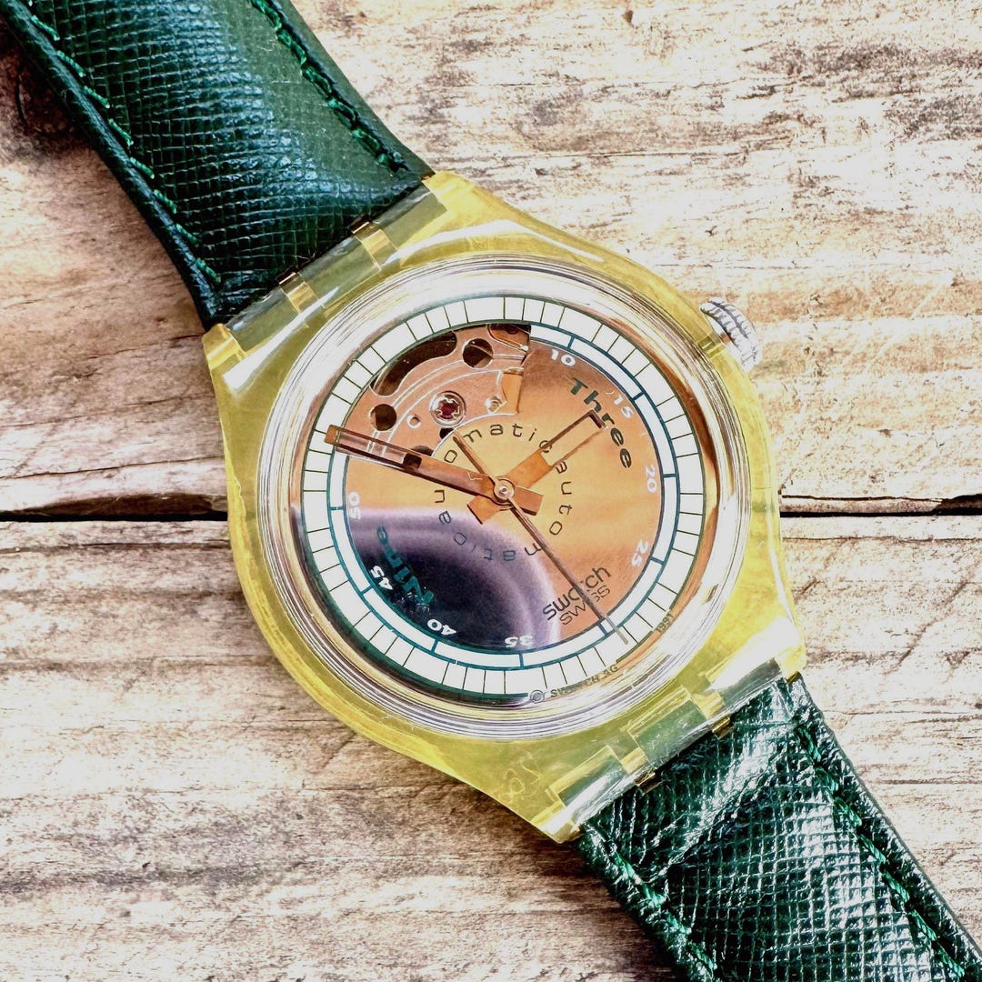 Swatch Automatic Skeleton Watch: Francois SAK100, Green Leather Strap ...