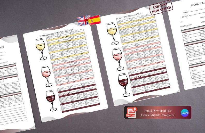 Fichas de Cata de Vinos Imprimibles / PDF Digital de 4 Páginas / Español-English /Pack ...