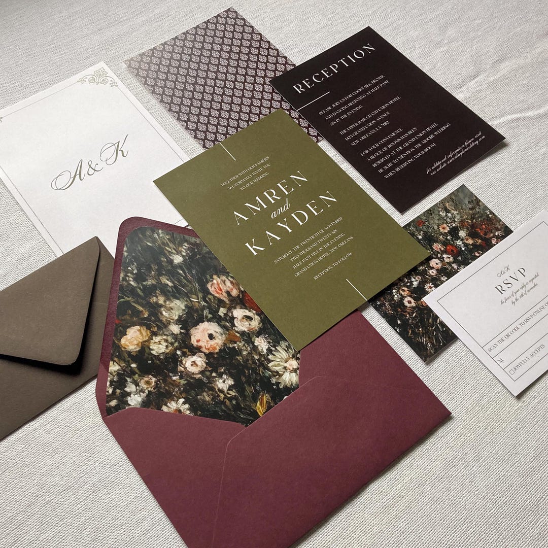 Amren | Printed Wedding Invitation Suite, Dark Moody Colorful Floral ...