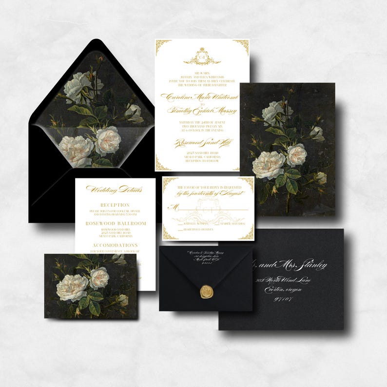 Anne | Wedding Invitation Suite, Dark Classy Floral Elegant, Printable Invitation, Editable ...