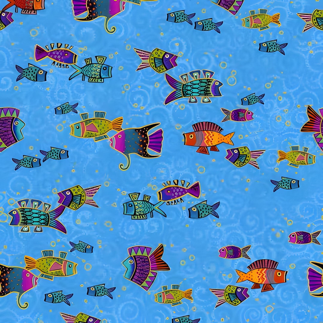 Oceania Fish by Laurel Burch Blue Gold Metallic Y4704-90M for ...