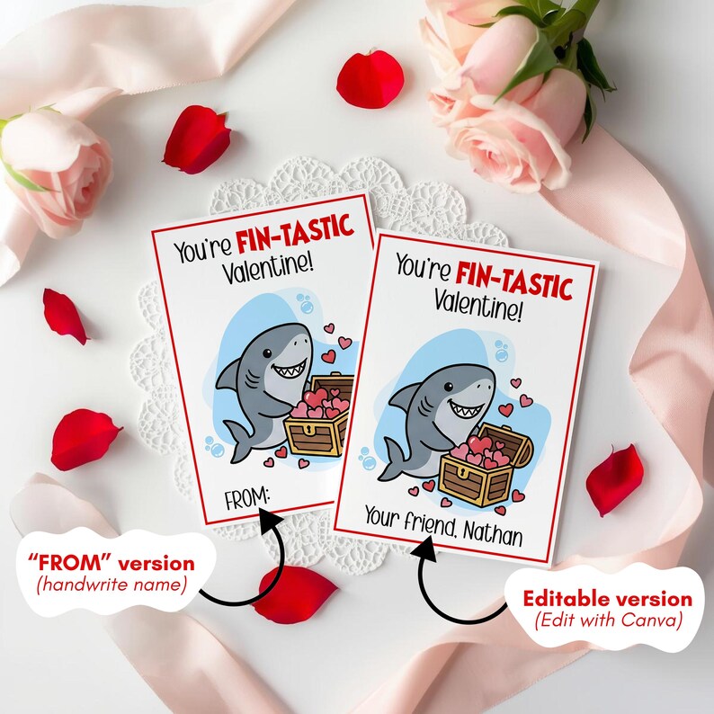 Editable Shark Valentine Cards | Set of 6 Valentine Cards | Printable ...