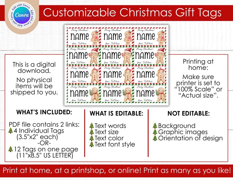 Editable Gingerbread Gift Tag Set, Christmas Gift Tag Bundle, Printable ...