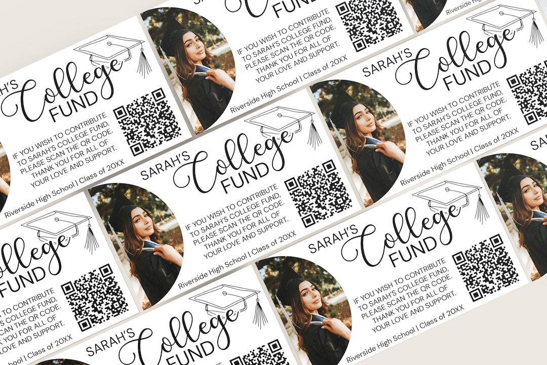 Editable Grad College Fund Card, QR Code College Fund Card, Photo Grad ...