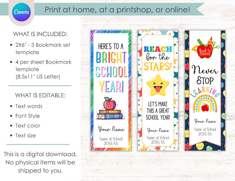 Back to School Printable Bookmarks, Editable Back to School Bookmark ...