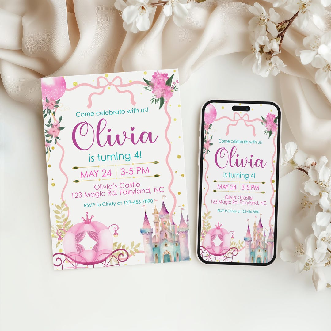 Editable Pink Princess Party Invitation, Princess Party Invite Template ...