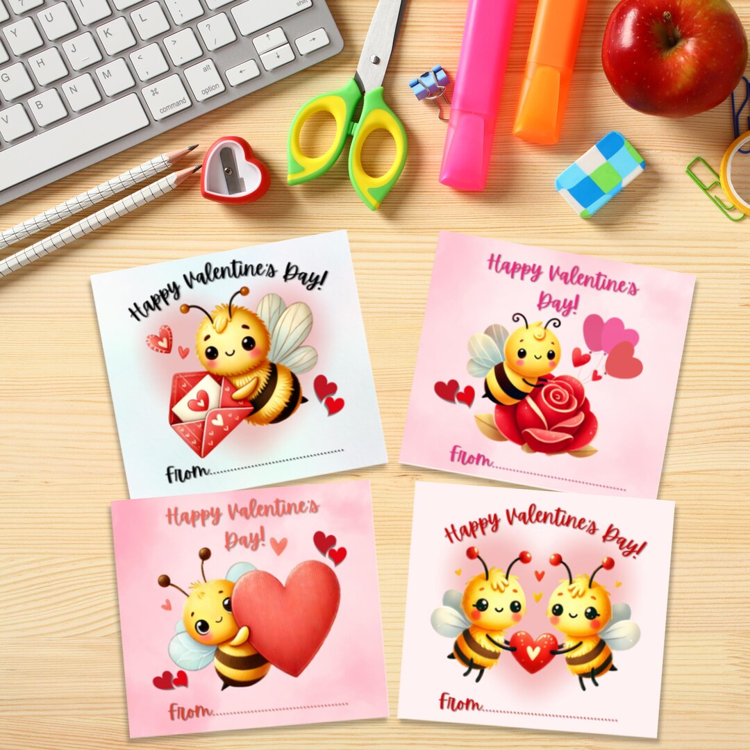 Printable Bee Valentine Cards-cute Valentine Cards-kids Valentine Cards ...