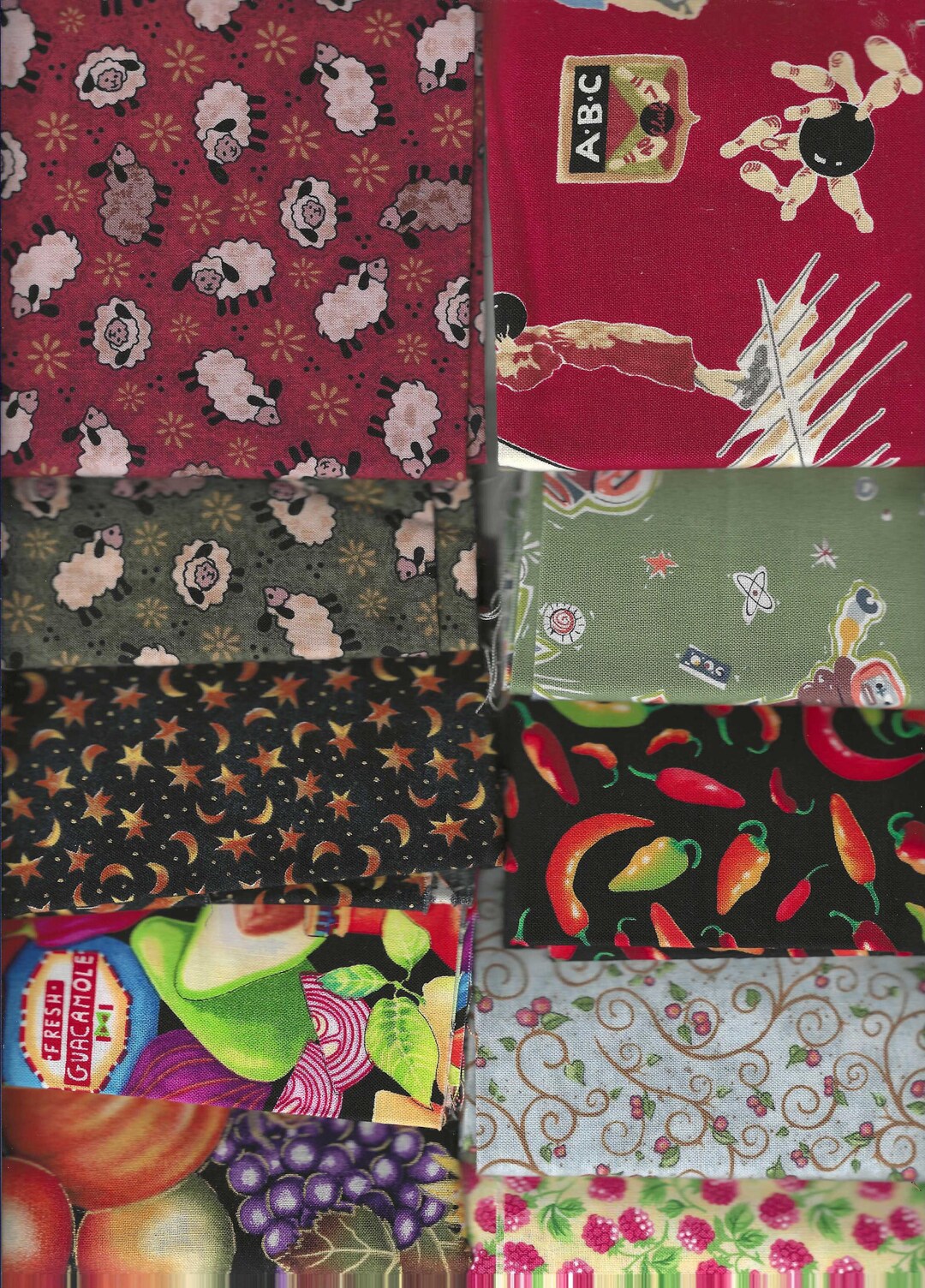 Sheep, Bowling, Fruits and Vegies Fat Quarters Cotton Fabric, 10 Pieces ...