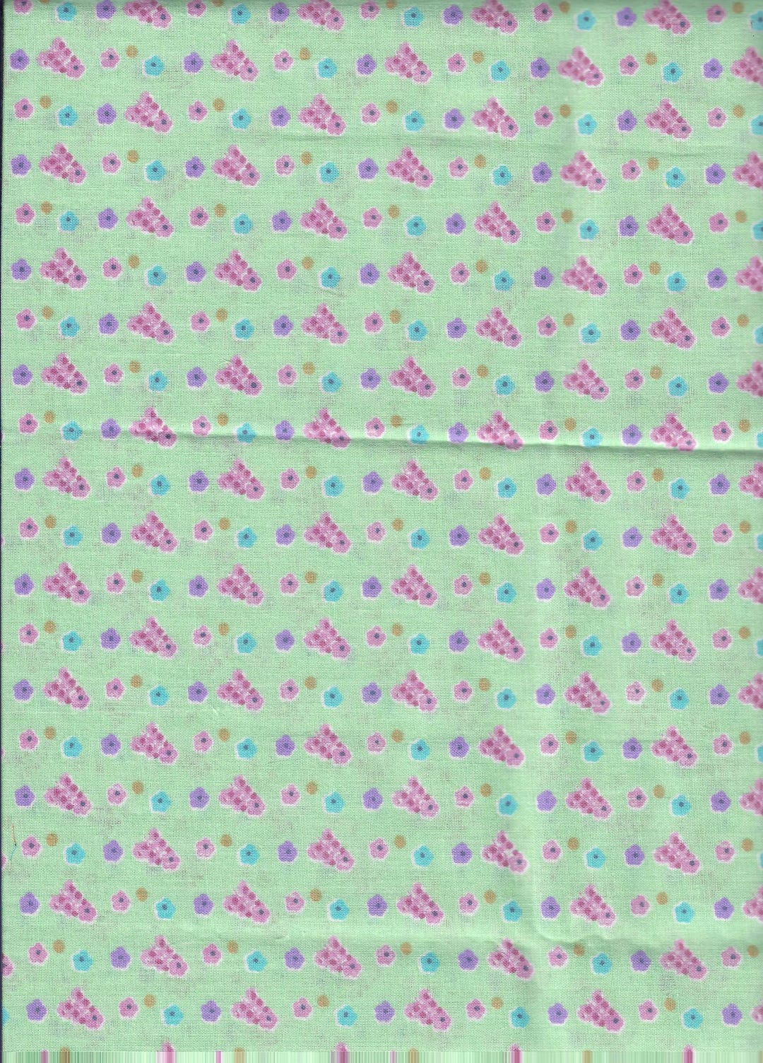 Pink and Blue Floral Pattern on Green Background - 0.667 Yards Cotton ...