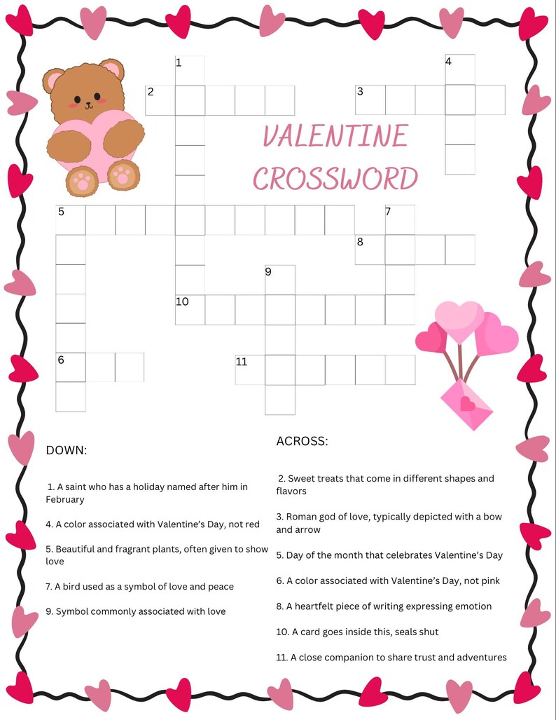 Fun Printable Crossword Puzzle,valentine Activity,worksheet for Kids ...