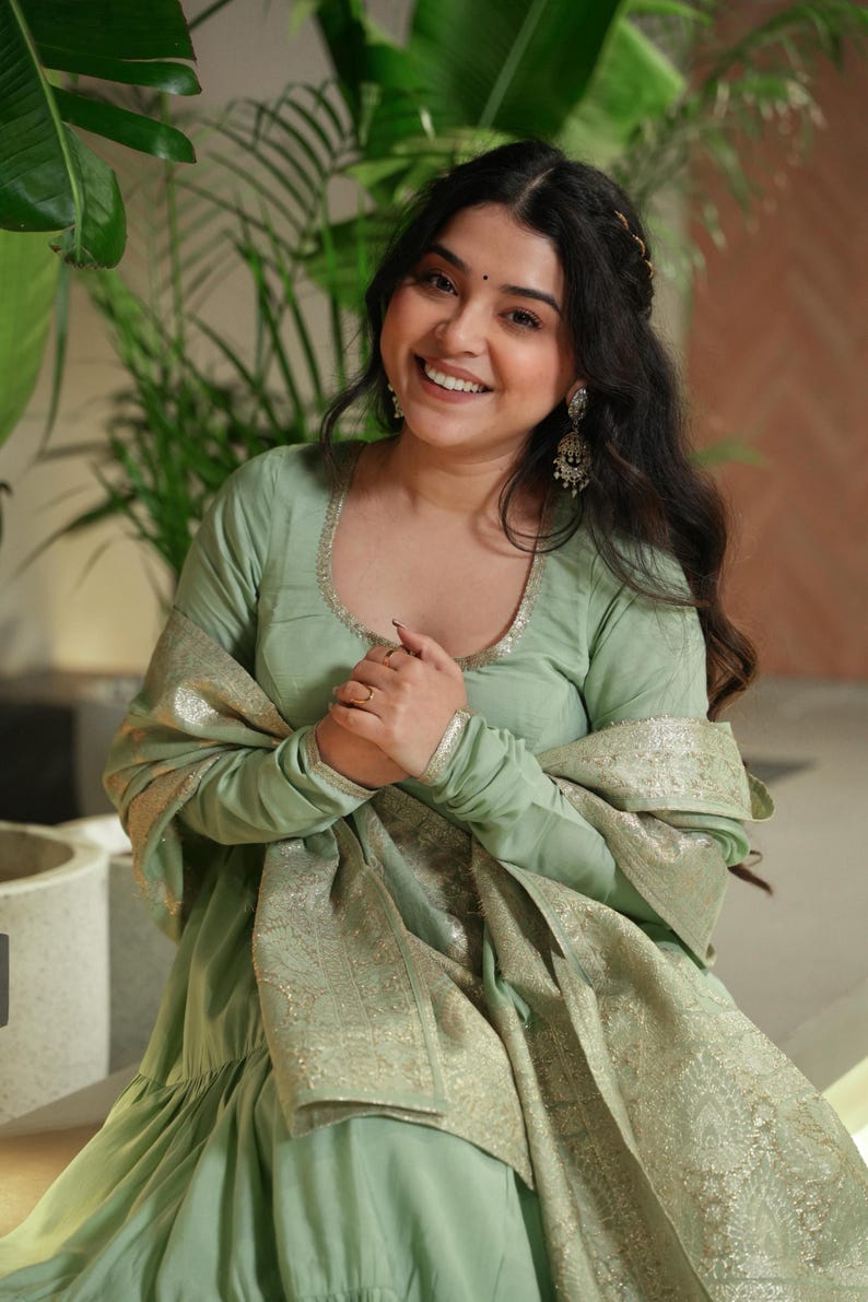 Pastel Green Anarkali Dress: Golden Banarasi Dupatta, Ethnic Gown ...