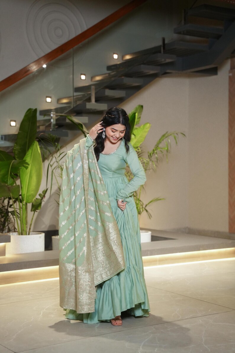 Pastel Green Anarkali Dress: Golden Banarasi Dupatta, Ethnic Gown ...