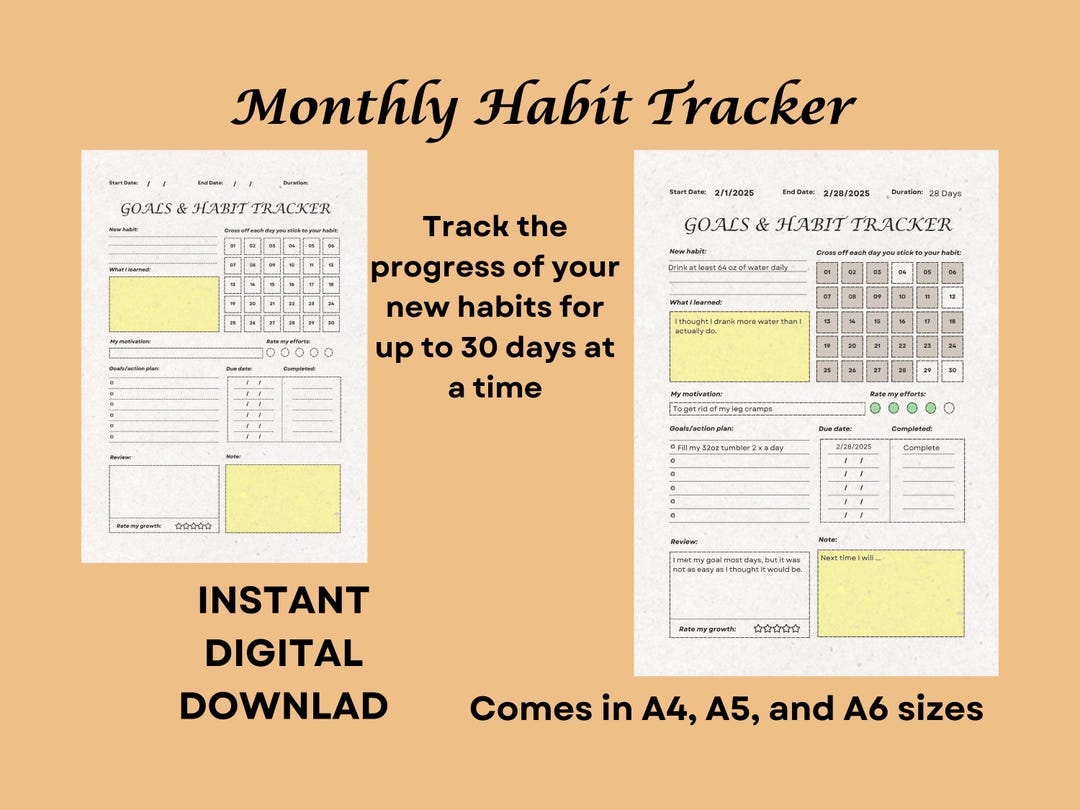 Monthly Habit Tracker Printable, Goal Setting Template PDF, Progress ...