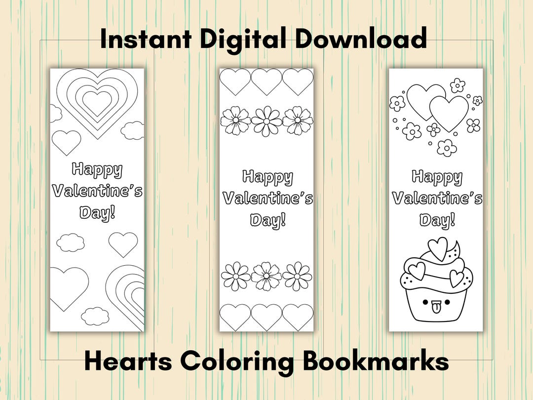 Kids Valentine Heart Coloring Bookmarks, Printable Bookmark Activity ...