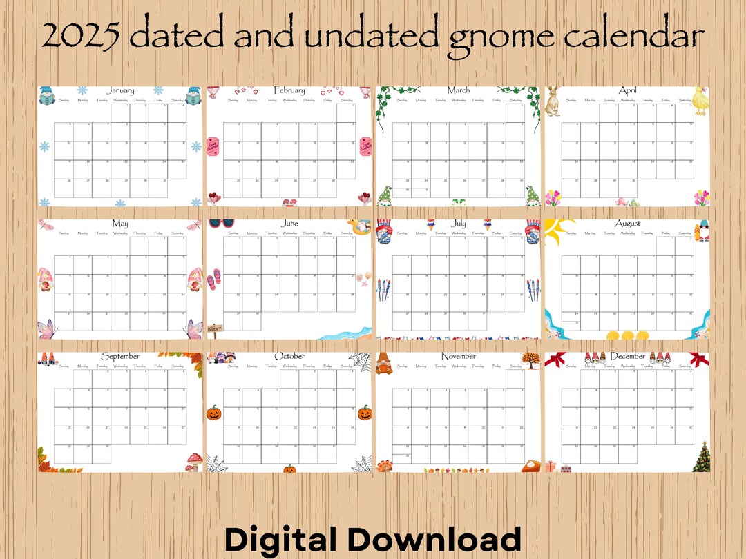 2025 Dated and Undated Gnome Calendar, Digital Monthly Planner ...