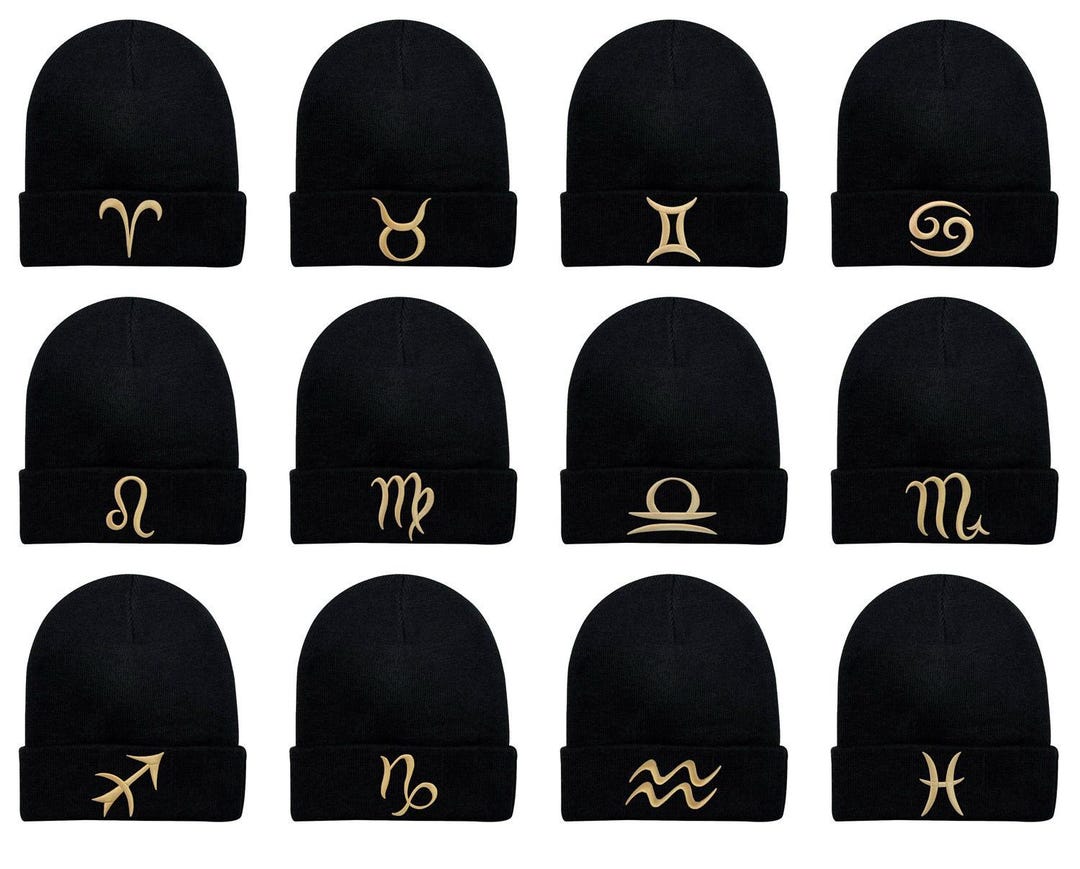12 Golden Zodiac Signs 3D Embroidered Beanie Hat Cap Astrology Cap ...