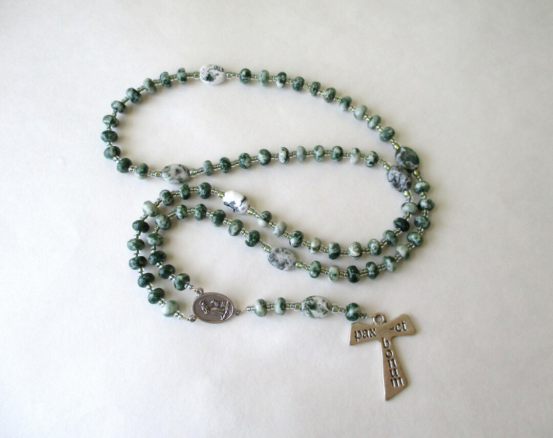 Franciscan Crown Rosary of White and Green Tree Agate, Seven Decade ...